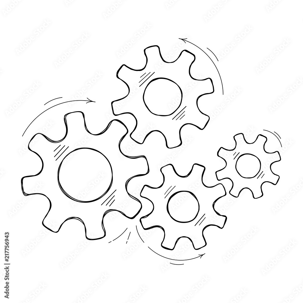 Mechanical cogs vector sketch illustration. Teamwork concept factory ...