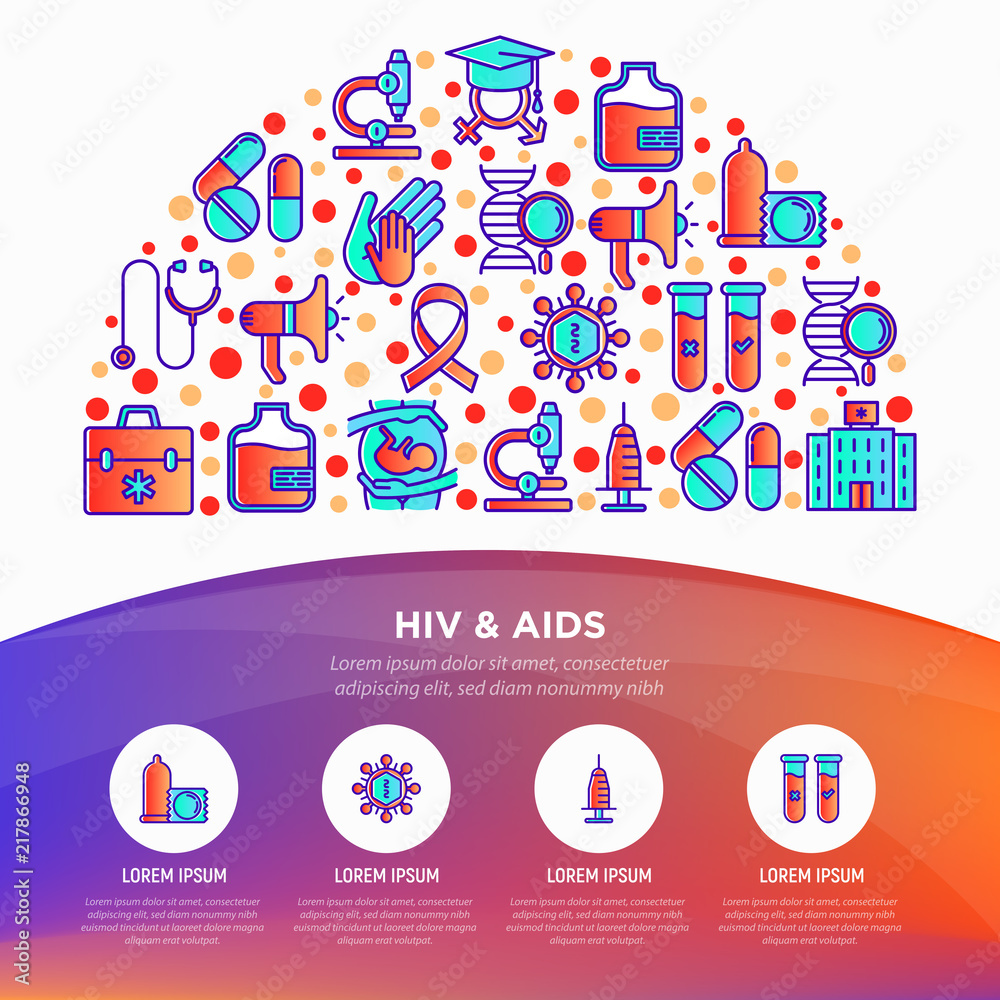 HIV and AIDs concept in half circle with thin line icons: safe sex ...