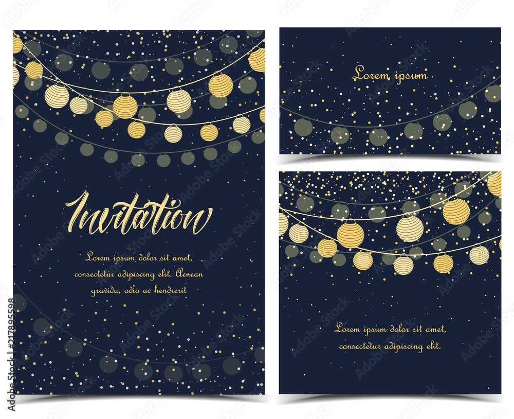 Vector illustration chain of lanterns. Invitation card, party ...