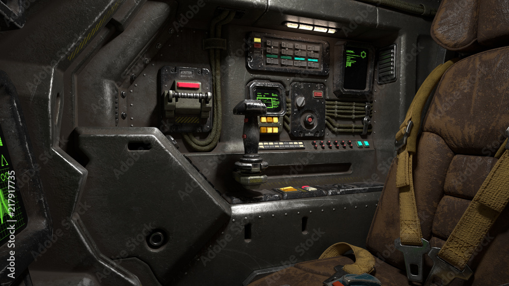 Science fiction pilot's seat in the cockpit. Futuristic spaceship ...