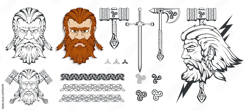 Scandinavian god of thunder and storm. Hand drawing of Thor's Head. The ...