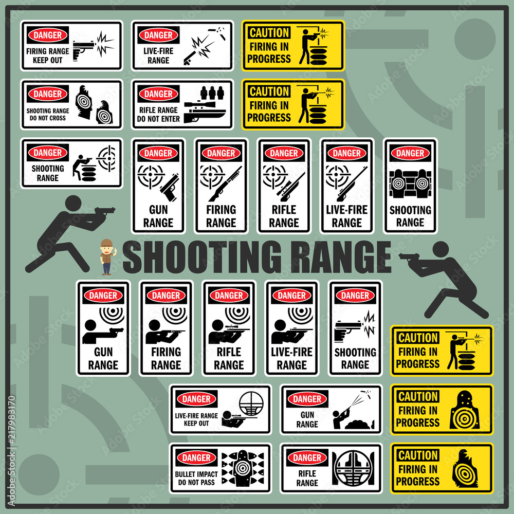 Set of shooting range safety signs and symbols. Gun range, Live-fire ...