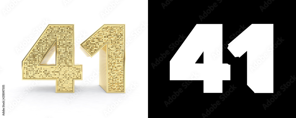 Golden number forty one (number 41) on white background with drop ...