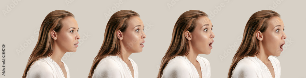 Wow. Collage about development of emotion. Stages of surprise. Female ...
