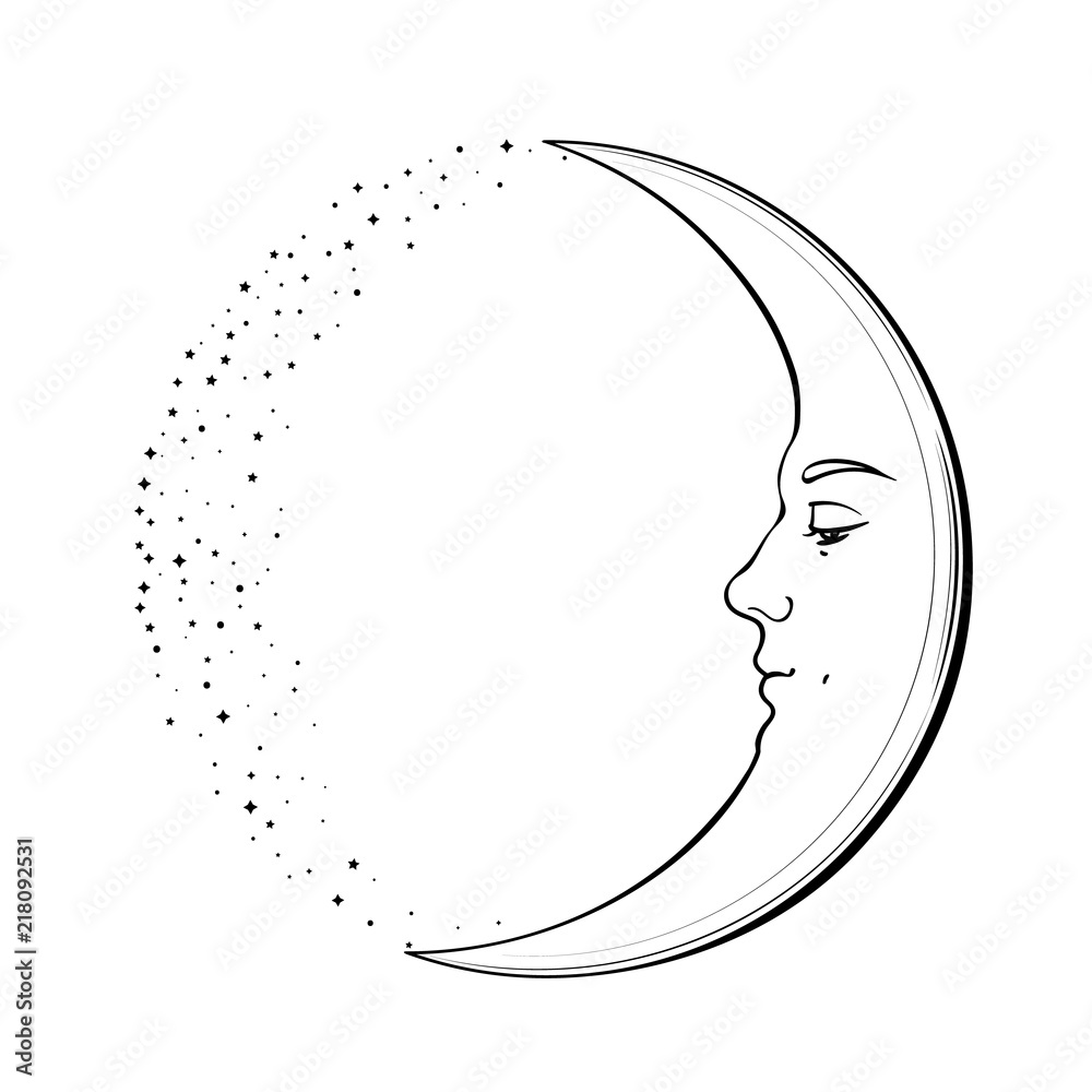Waxing Crescent Moon with a face of handsome young man. Hand drawn ...