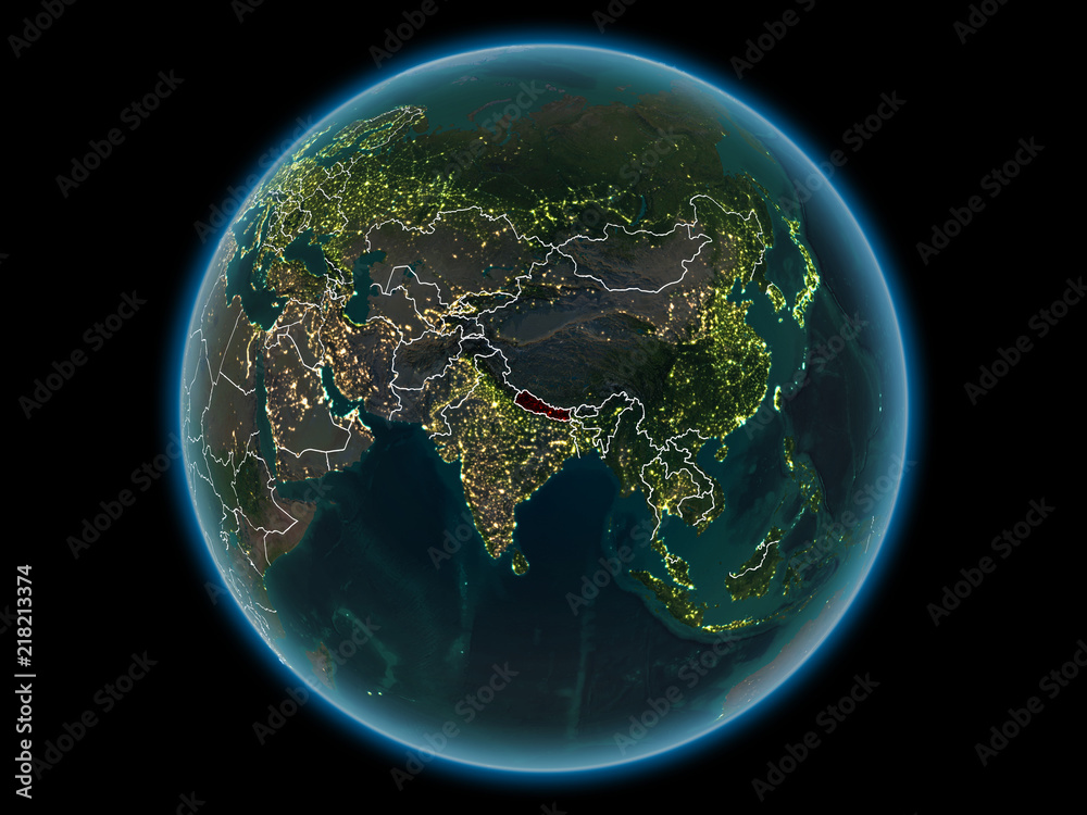 Nepal on planet Earth from space at night Stock Illustration | Adobe Stock