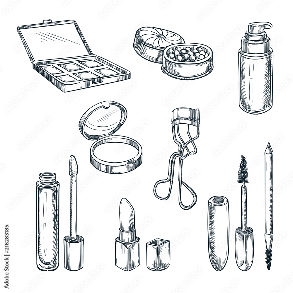Makeup cosmetics vector sketch illustration. Female fashion design ...