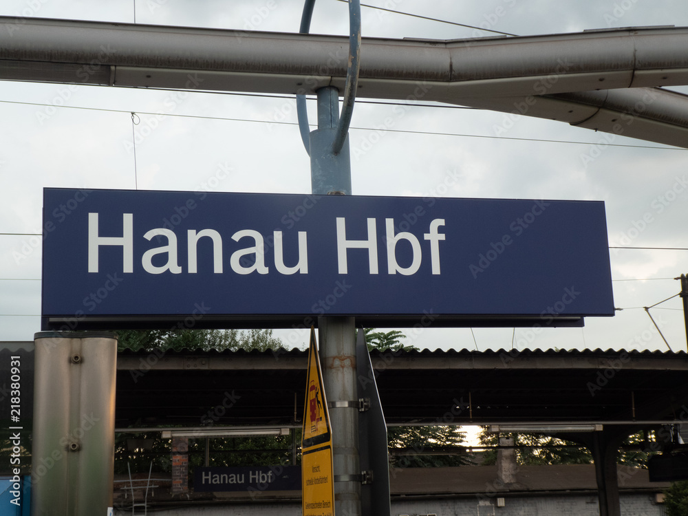Hanau Hbf railway station sign. Hanau Hauptbahnhof is a railway station ...