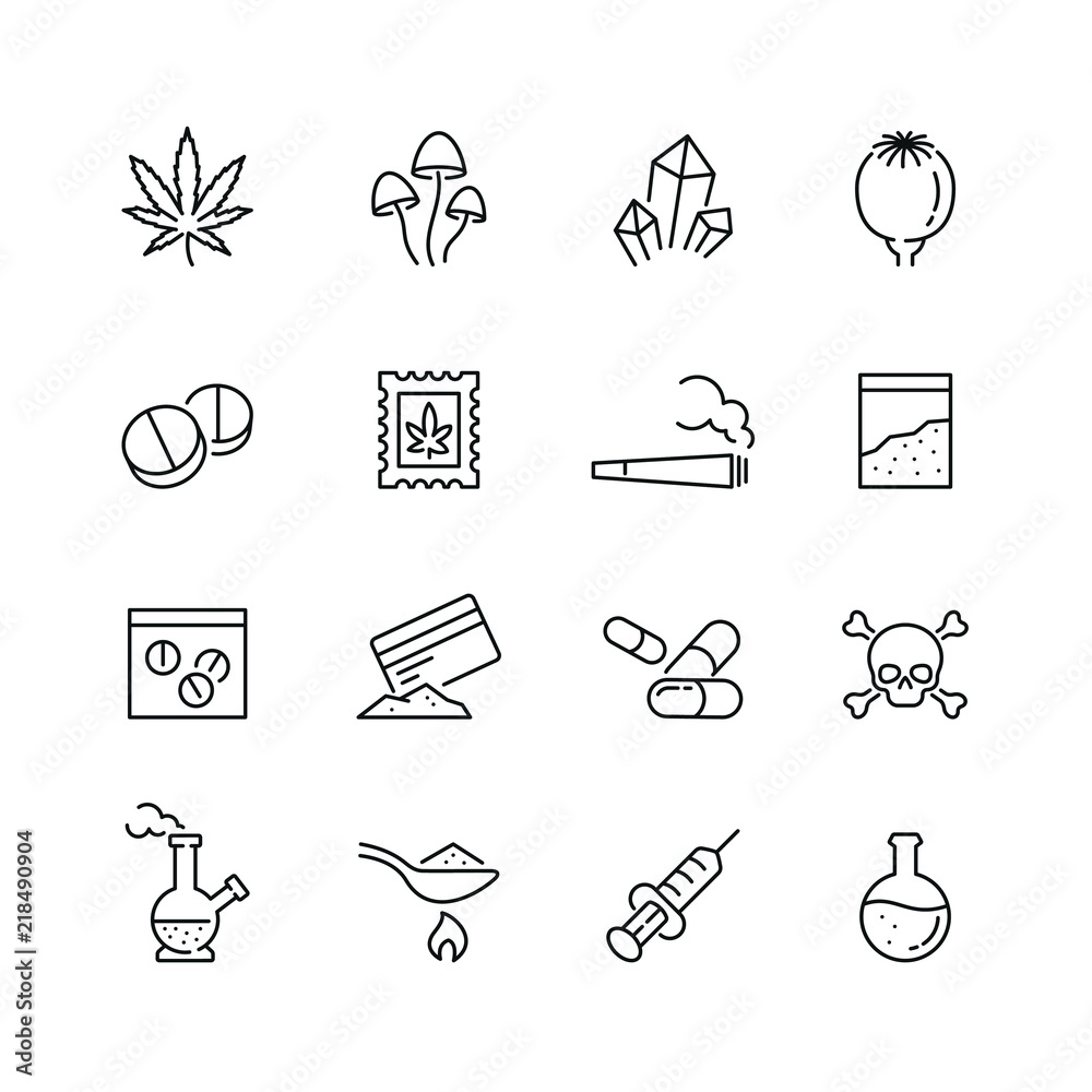 Drugs related icons: thin vector icon set, black and white kit Stock ...