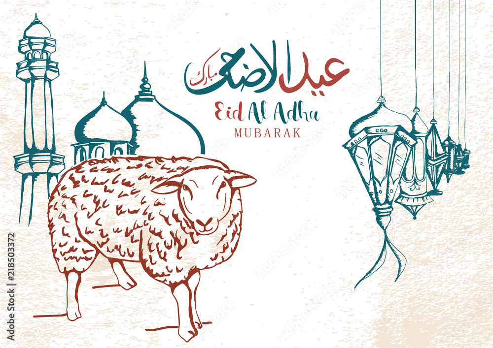 Hand drawn sheep for Eid Al Adha greeting card design with arabic ...