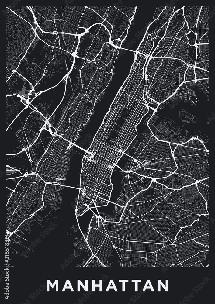 Vector de Stock Dark Manhattan (New York) map. Road map of Manhattan ...