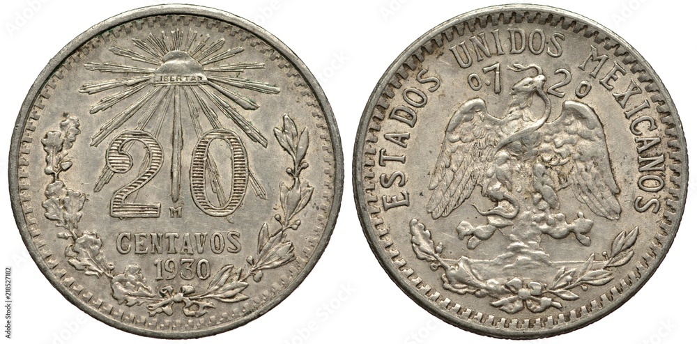 Mexico Mexican silver coin 20 twenty centavos 1930, value flanked by ...