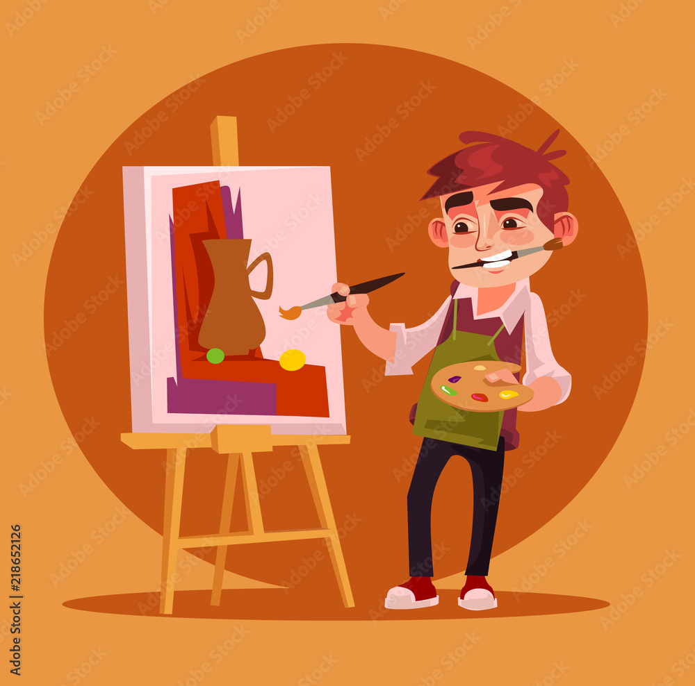 Happy smiling little boy artist character drawing picture. Vector flat ...