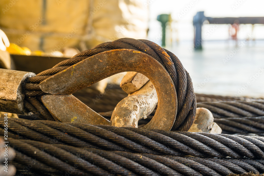 Thimble of wire rope sling used as pennant wire on construction barge ...