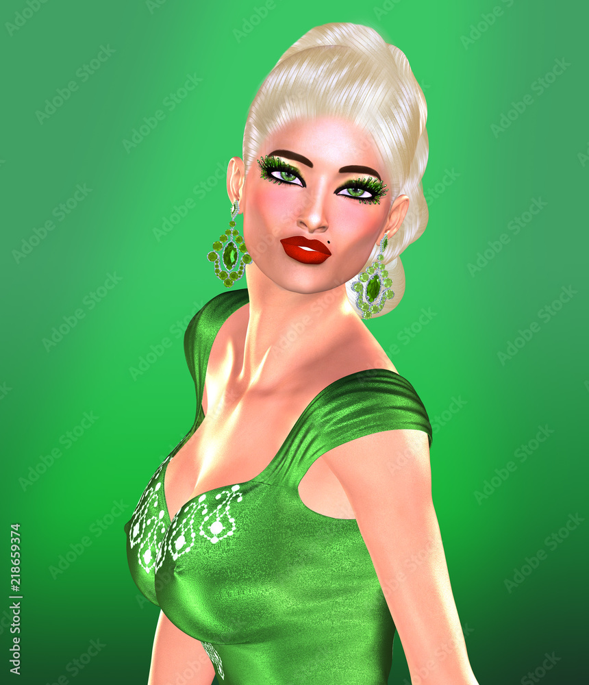 Beautiful platinum blonde fashion model with emerald green dress. 3d ...