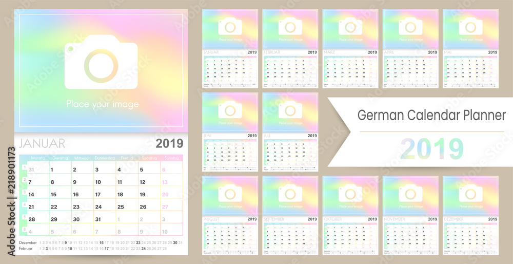 German calendar 2019 / German calendar planner 2019, week starts on ...