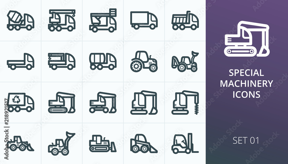 Heavy construction equipment and special machinery icon set. Set of ...