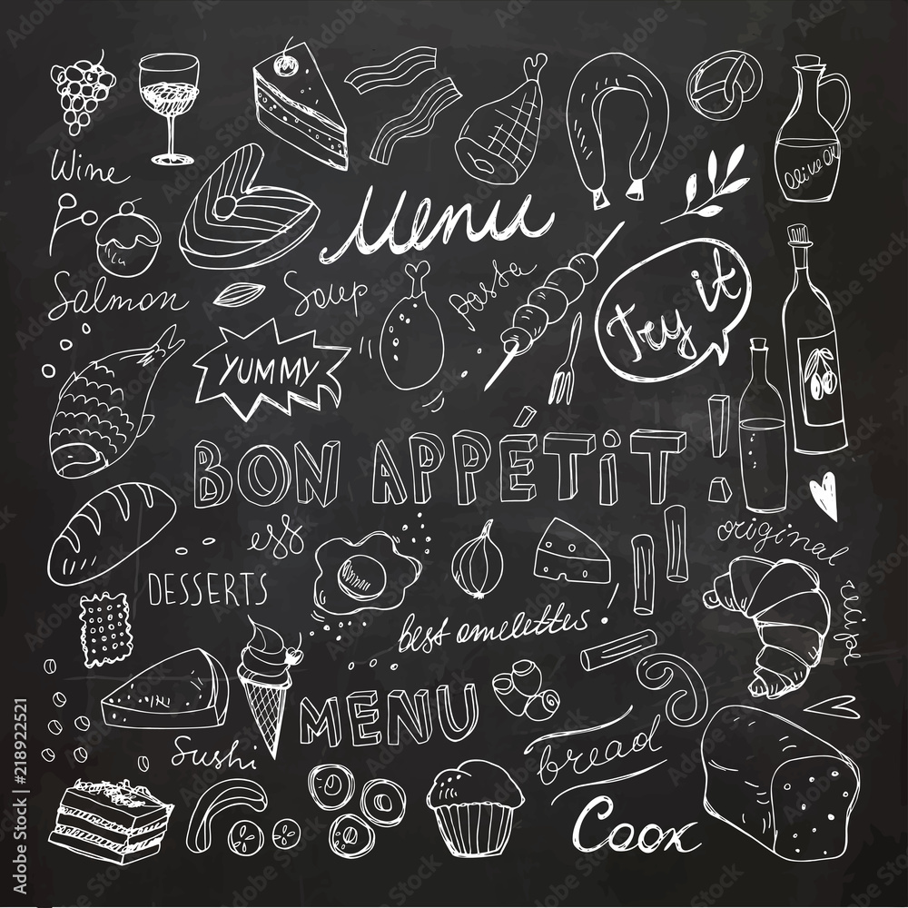 Restaurant Doodle Set. Hand Drawn Vector Illustration. Chalk Drawing ...
