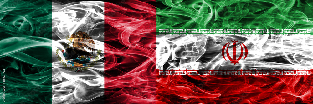 Mexico vs Iran smoke flags placed side by side. Mexican and Iran flag ...
