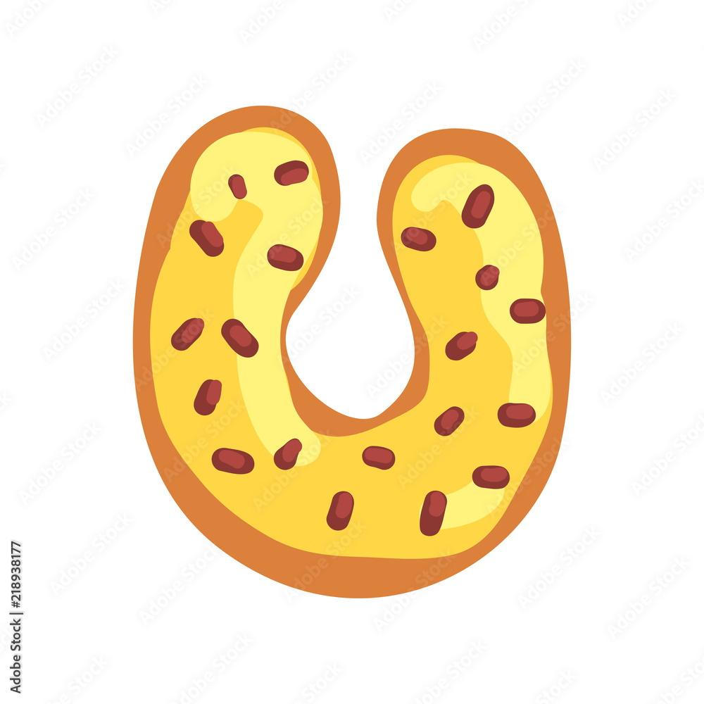 U letter in the shape of sweet glazed cookie, bakery edible font of ...