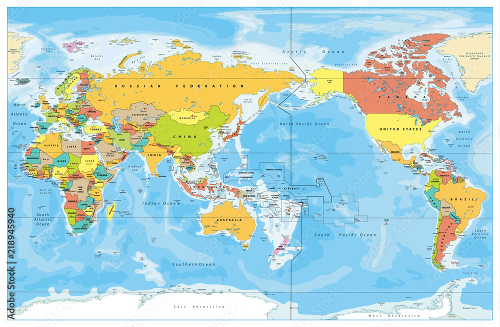 Pacific Centered World Colored Map Stock Vector | Adobe Stock