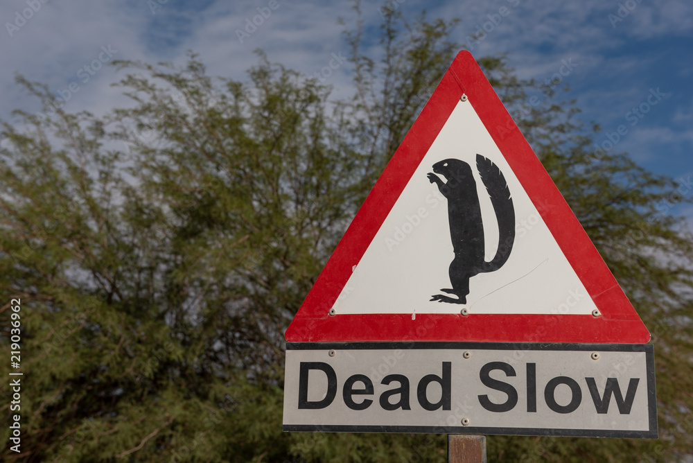 Funny dead slow warning sign post at the side of a road in namibia to ...