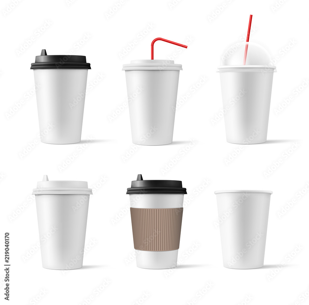 Set of realistic blank mock up paper cups with plastic lid. Coffee to ...