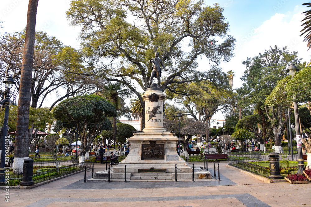 Statue of Antonio Jose de Sucre, the first Bolivian president, in Plaza ...