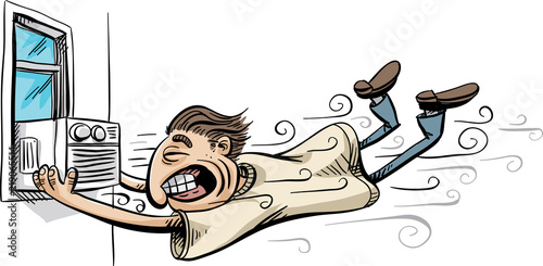 A cartoon of a strong window air conditioner blowing a man in its ...
