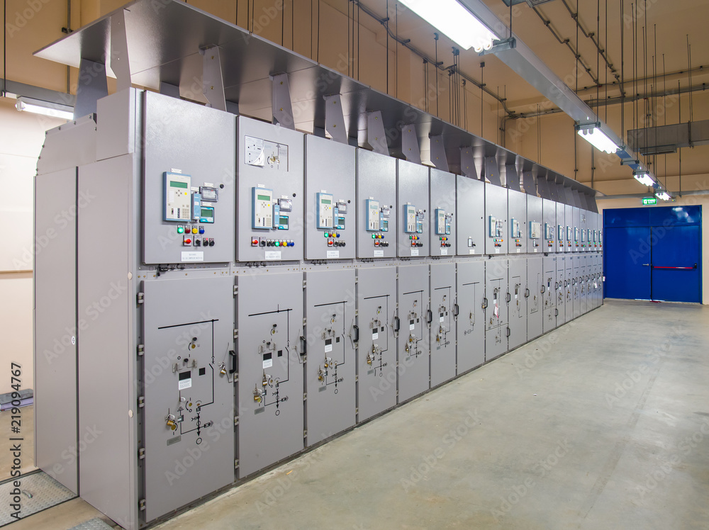Electrical switch panel of switchgear room at power plant. Stock Photo ...