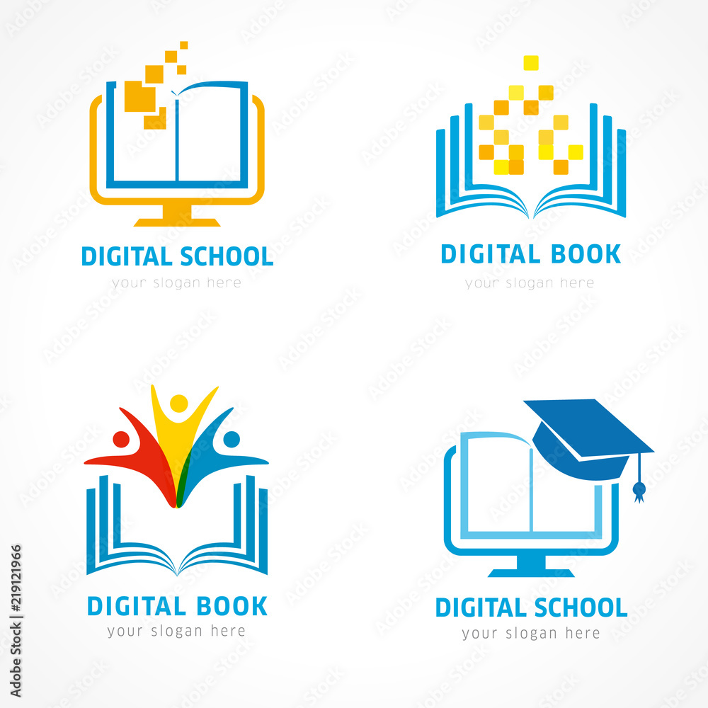 Set of online education logo template. Online learning, pixel open book ...