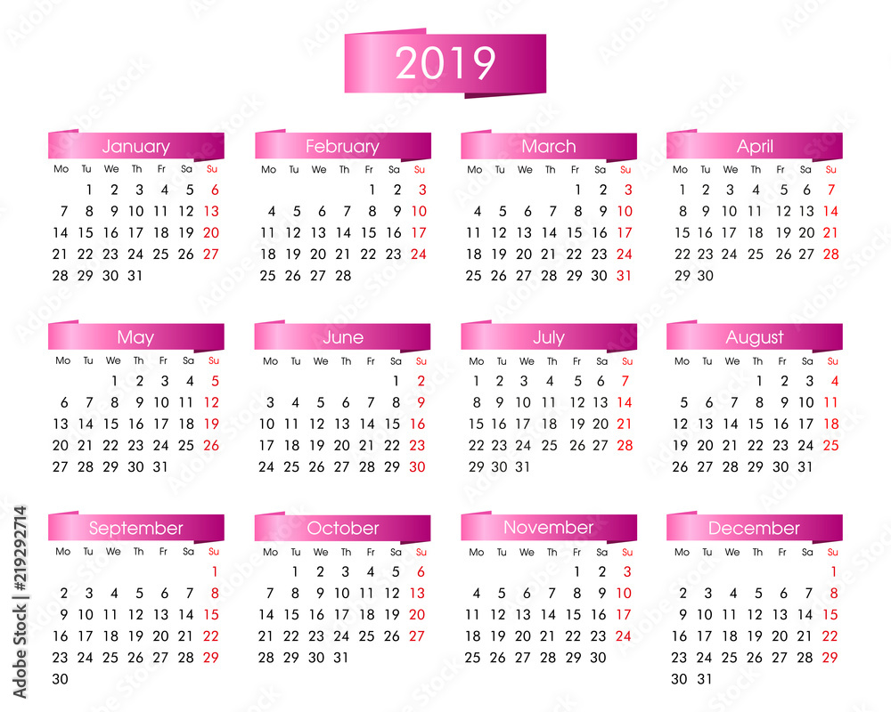 annual calendar for 2019 year with the pink of info graphics on white ...