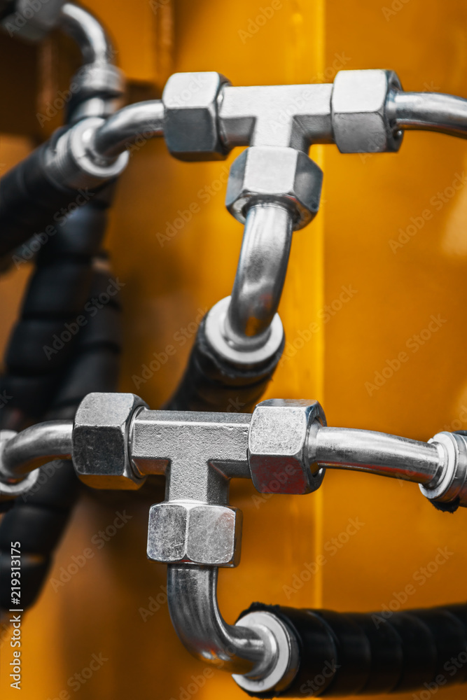 hydraulic system of the tractor, tube and connections. focus on the ...