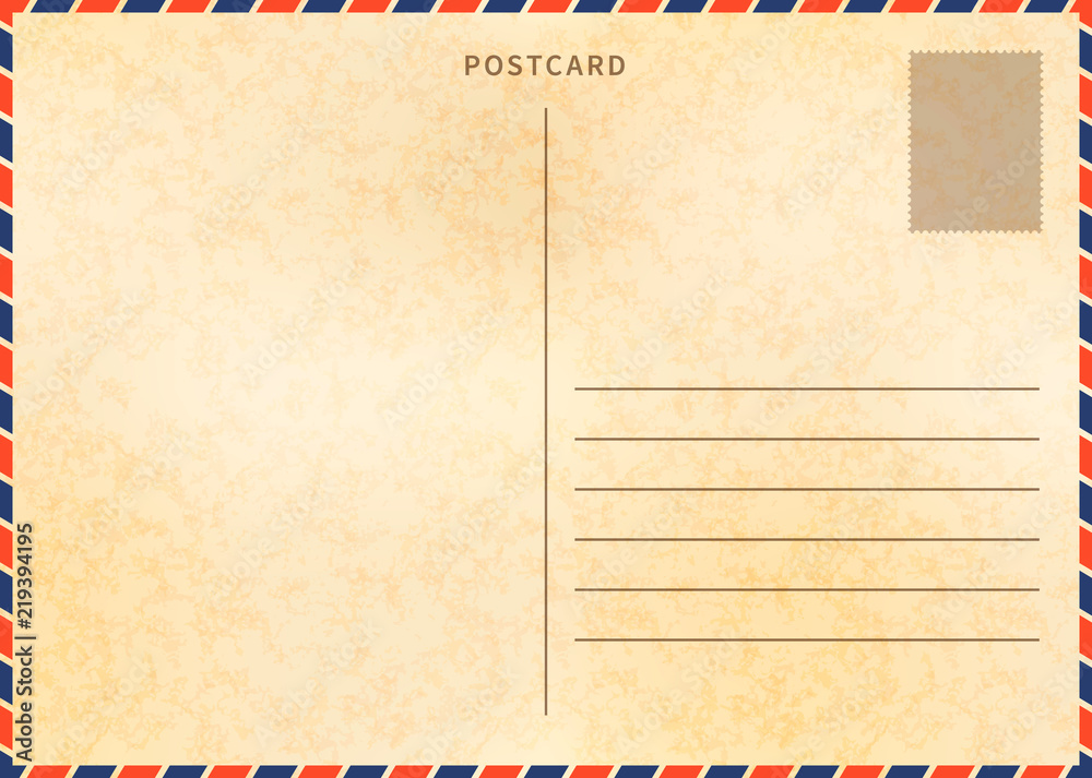 Retro blank postcard template with airmail border and old paper texture ...