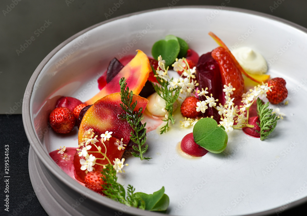 Fine dining dessert, Raspberry Parfait, ice cream, white chocolate ...