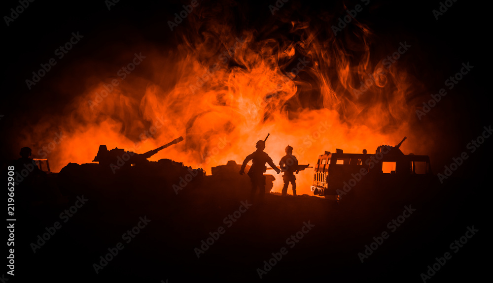 Stock-Foto „War Concept. Military silhouettes fighting scene on war fog ...