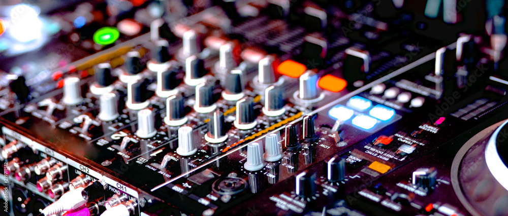 Professional concert dj turntables player device with sound mixer panel ...