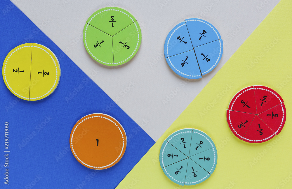 colorful math fractions on the bright backgrounds. interesting math for ...
