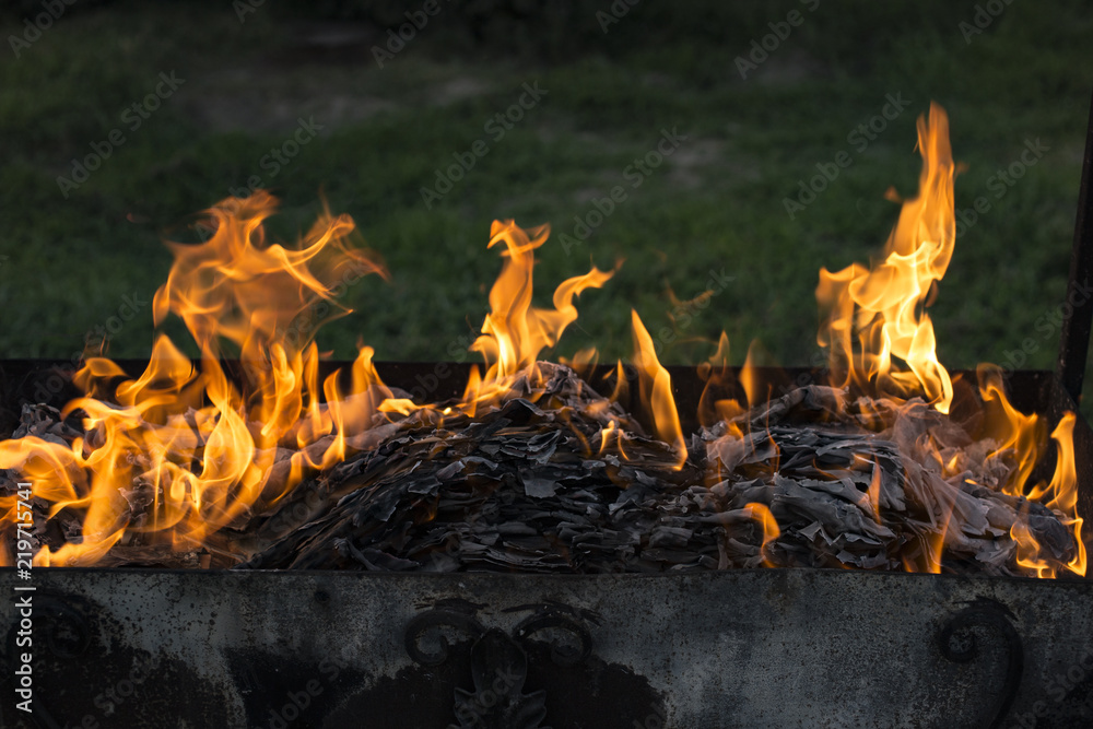 Flaming fire. Documents burning. Dance of fire spirits. Ignition of ...