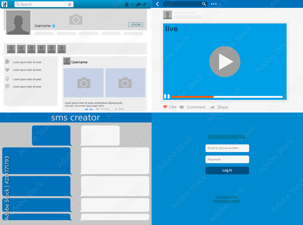 Social network Mock up, post frames and other pages, Web page browser ...