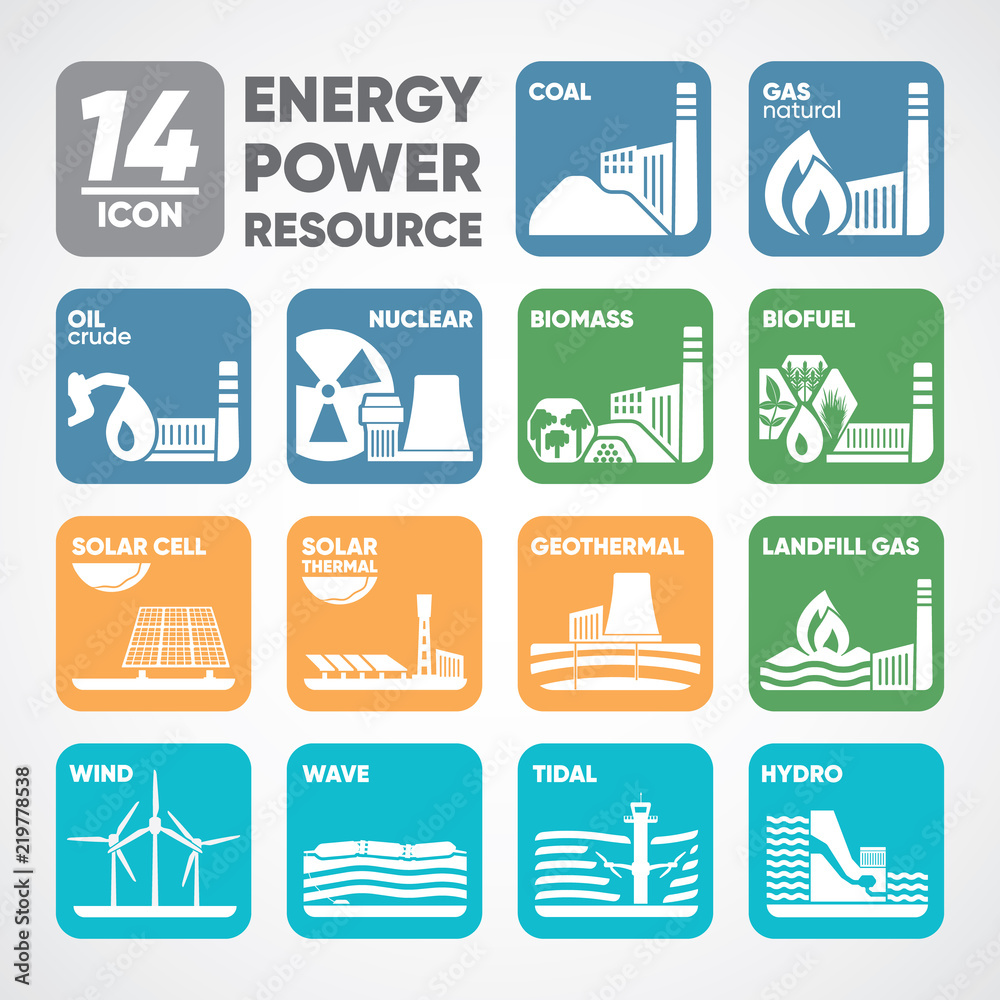 14 icon of energy bio fuel, biomass, landfill gas, coal, natural gas ...