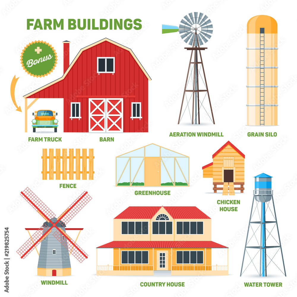 Farm buildings set. Cartoon images of barn, windmill, grain silo ...