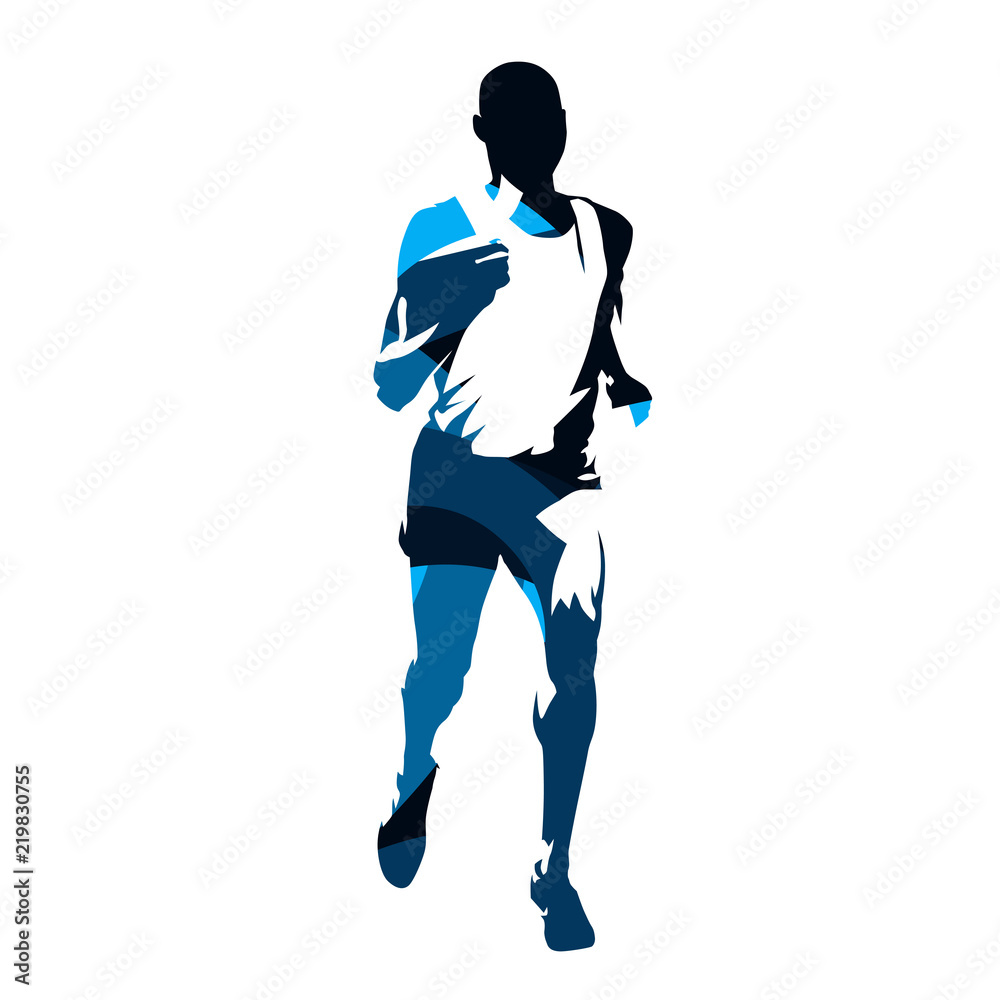 Marathon runner, abstract blue vector silhouette, front view. Running ...
