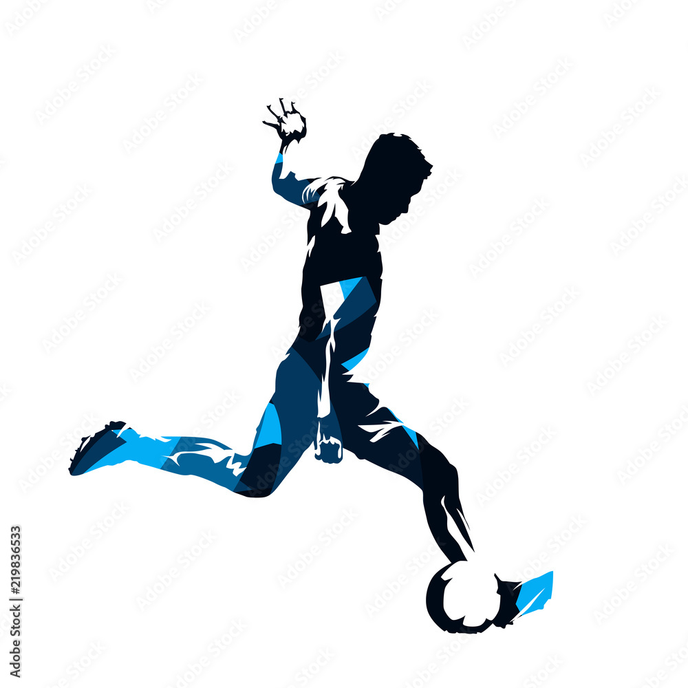 Soccer player kicking ball, abstract blue isolated vector silhouette ...