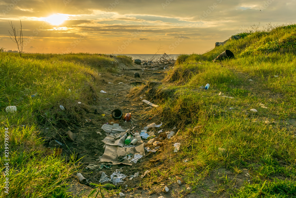 Plastics garbage on beach. Reduce Reuse Recycle. Environmental marine ...