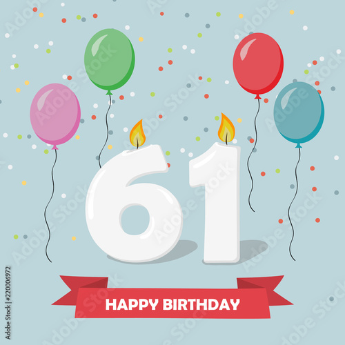61 years selebration. Happy Birthday greeting card with candles ...
