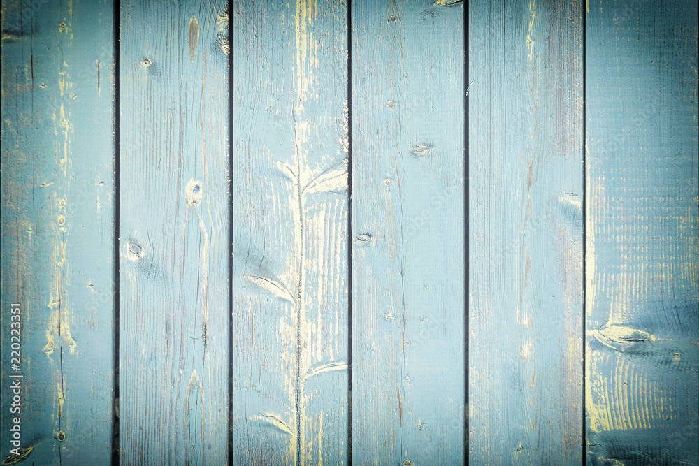 Blue background of wooden slats. Fence of light flat boards. Empty ...