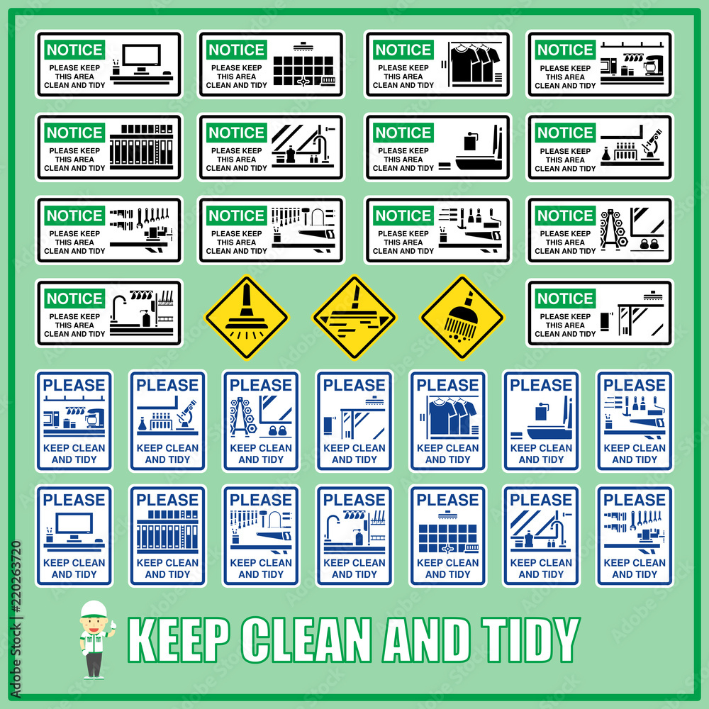 Set of notice signs of please keep this area clean and tidy are use to ...
