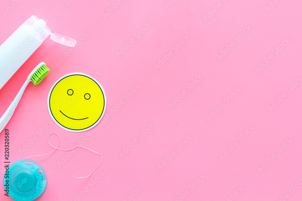 Set for daily teeth care. Toothbrush, tooth paste, dental floss near ...