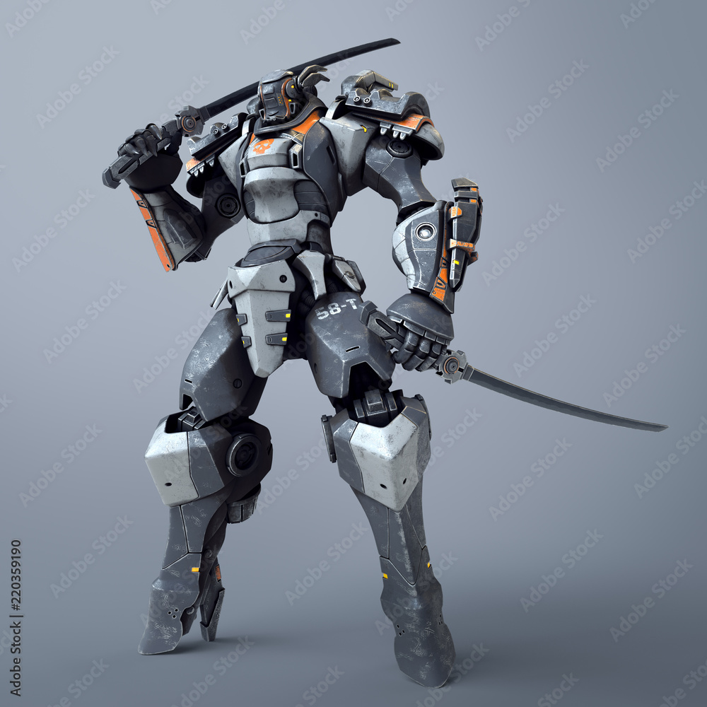 Mech samurai warrior standing and holding two swords. Robot with a ...